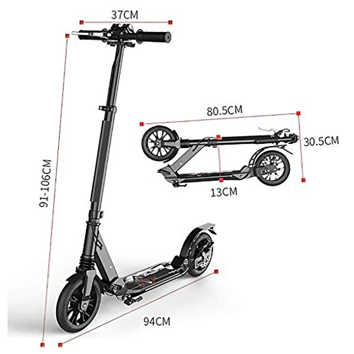 Kick Scooter Folding Adult Kick Scooter with Disc Handbrake, Big Wheels Dual Suspension Commuter Scooter for Teens Young Women Men, Black, Load 150kg(330lbs) (Color : Black)