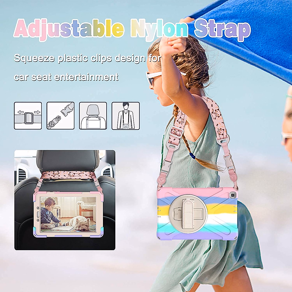 TSQ Case for 8.0 Inch 2019 SM-T290/T295 for Kids Girls | Heavy Duty Rugged Protective Cute Colorful Case w/Stand Hand Shoulder Strap for Tablet 8 Inch | Rainbow Pink