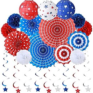 24 Pcs 4th of July Patriotic Day Party Decoration, Red White Blue Paper Lanterns Fans Pom Poms Hanging Swirls USA Flag Party Supplies for American Independence Day, Military Graduation, Memorial Day