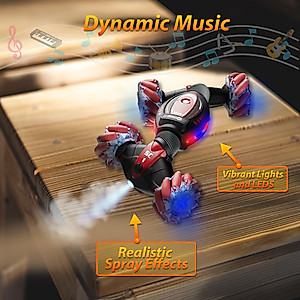 Contixo SC1 All Terrain Speed Crawler RC Stunt Car, 4WD 2.4GHz Remote Control Car, Gesture Sensor Toy Cars, Double Sided Rotating 360° Flip Offroad Vehicle with Lights Music, Kids Toy Cars, Red