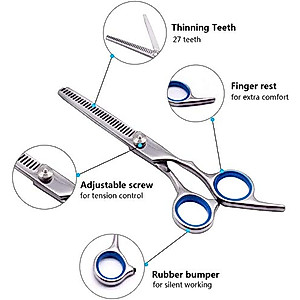 Maxshop Dog Grooming Scissors with Safety Round Tips, Heavy Duty Titanium Pet Grooming Trimmer Kit, Professional Thinning Shears, Curved Scissors with Comb for Dogs and Cats (Set of 3)