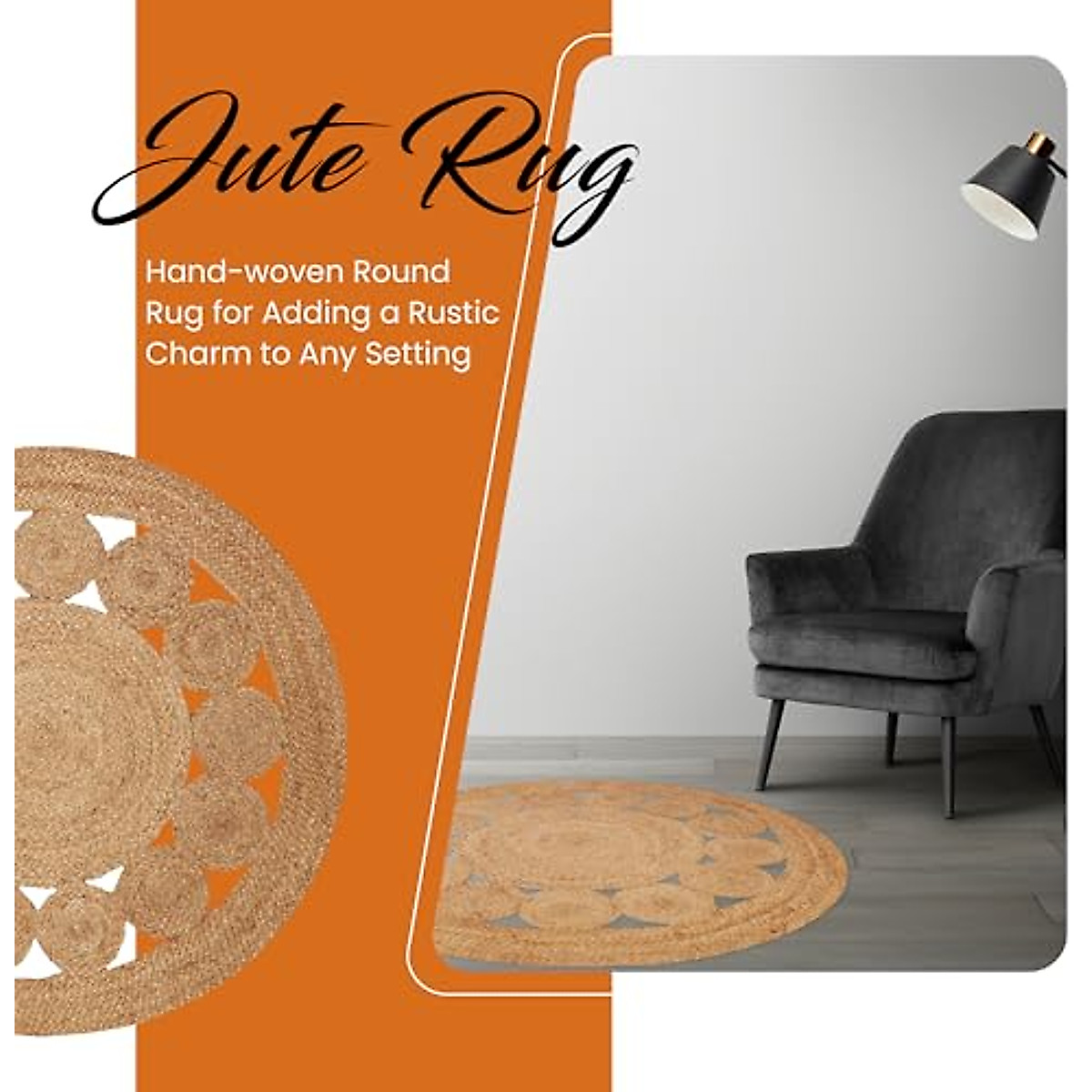 Tepo Round Jute Rug 3 ft, Braided Area Rug for Kitchen, Living Room and Bedroom, 100% Natural Rustic Hand Woven Rug, Round Woven Rug