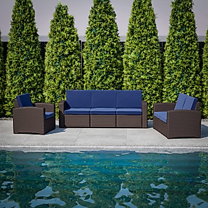 Flash Furniture Seneca Chocolate Brown Faux Rattan Sofa with All-Weather Navy Cushions