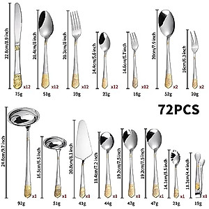 Silverware Set Flatware 72-Piece Luxury Relief Plating Retro Golden Stainless Steel Tableware Cutlery Set with Storage Box Kitchen Utensils Spoon and Fork Set Hand Wash Recommended