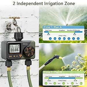 Sprinkler Timer 2 Zone, Diivoo Programmable Water Hose Timer 2 Outlet for Garden, Automatic Irrigation Timer IP54 with Rain Delay/Manual/Auto Mode, Outdoor Hose Timer Controller for Lawn, Yard, Pool