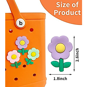 3 PCS Flowers with Leaves Charms for Bogg-Bags Cartoon Flowers Decorative Charms for Tote Bags Plant Accessories for Beach Totes Women Party Favor Gift(Purple Pink and Green)