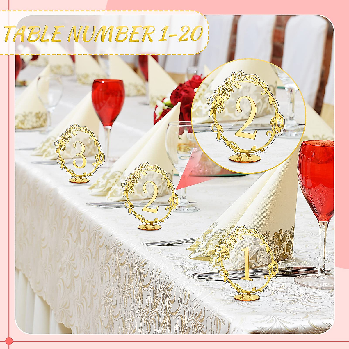 20 Pieces Table Numbers Wedding Table Numbers 1-20 Gold Acrylic Table Numbers for Wedding Reception Table Numbers Stands with Holder Base Elegant Mirror Table Numbers for Wedding Party Event Catering