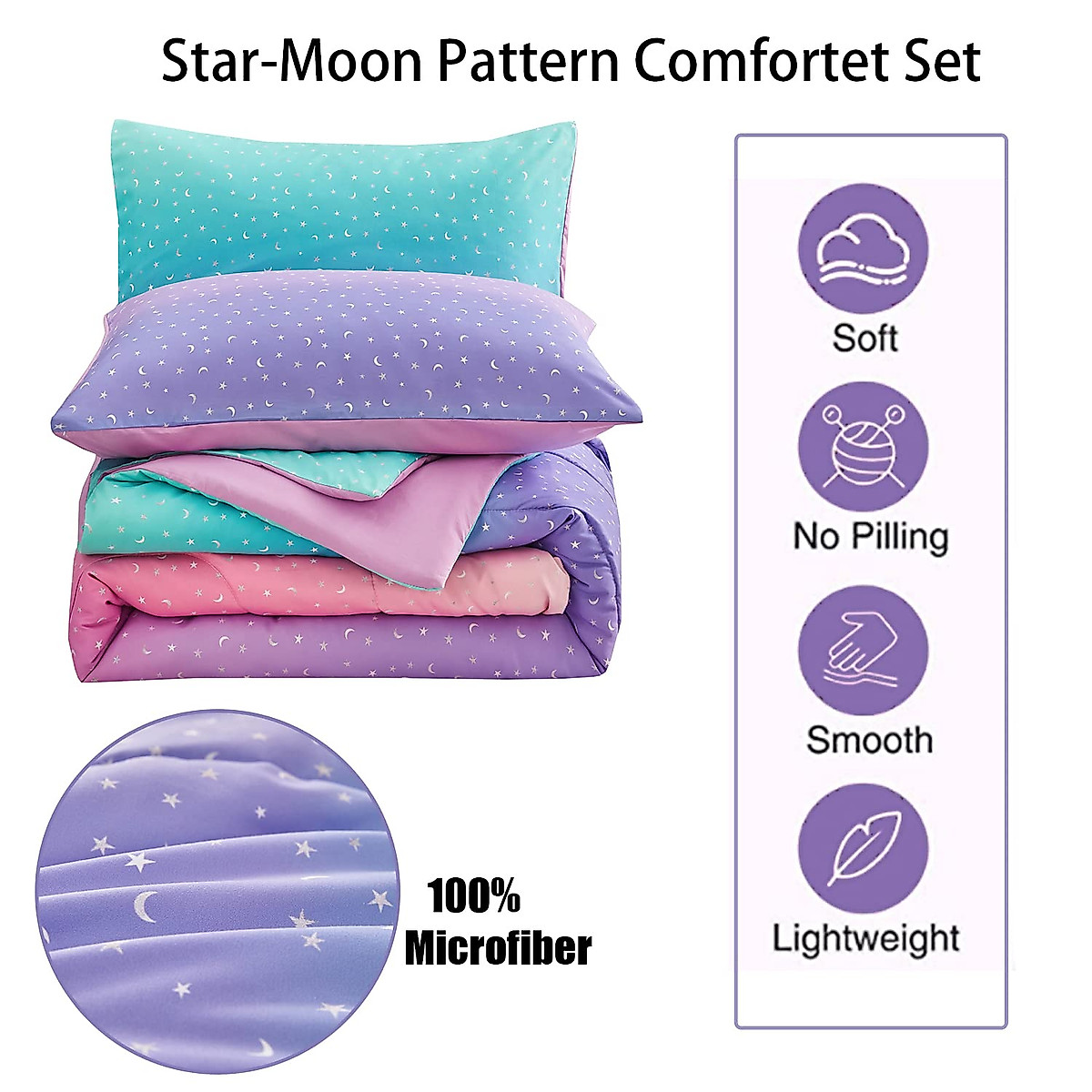 Yogeneg Rainbow Comforter Set Twin Size for Teen Girl &Boys Women,Metallic Star Moon Printed Mermaid Comforter with Pillowcase, Microfiber 2 Piece Bedding Set,All Season (Rainbow B, Twin)