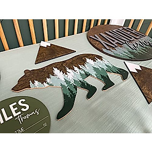 Forest Bear Wall Sign, Adventure Woodland Theme, Rustic Nursery Decor, Pine Tree Mountain Aesthetic, 18 x 10 inches, Man Cave Home Bedroom Cabin Office House Art Decorations, Hickory Hollow Designs… (Dark Walnut/Green Pine Trees)