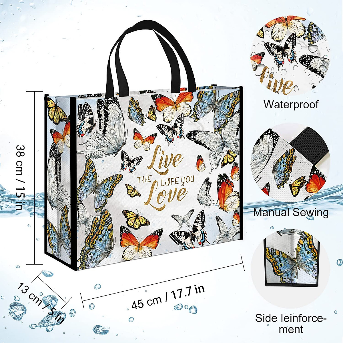 NymphFable 5 Pack Reusable Shopping Bags Colorful Butterflies Washable Grocery Bags Fabric Tote Bag