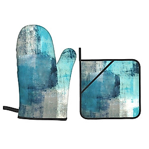 Oven Mitts and Pot Holders Sets of 4 High Heat Resistant Modern Art Gry Turquoise Abstract Oven Mitts with Oven Gloves and Hot Pads Potholders for Kitchen Baking Cooking BBQ Non-Slip Cooking Mitts