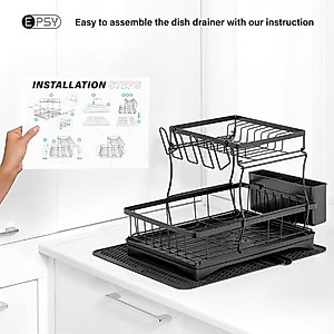Epsy Large Kitchen 2 Tier Dish Drying Rack and Drainboard Set - Kitchen Sink Organizer and Dish Drainers for Kitchen Counter - Stainless Steel Drying Dish Rack - Black Dish Drainer with Utensil Holder