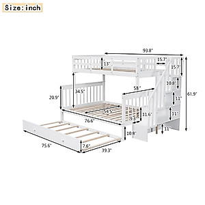 Morhome Twin Over Full Size Bunk Bed with Trundle and Storage Stairs, Solid Wood Stairway Triple Bunk Beds Stairway and Full-Length Guard Rail for Kids Teens Adults Bedroom, Can Be Divided