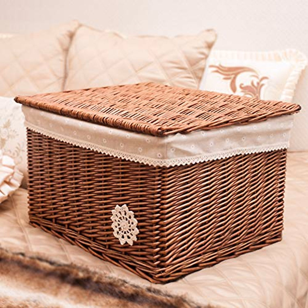 Cosmetic Box Wicker Storage Basket with Lid Woven Box Laundry Organizer Bins Rectangular Seagrass Baskets for Storage Decoration Picnic Groceries Toy Storage Rattan Basket