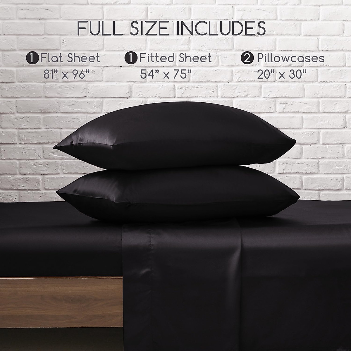 MR&HM Satin Bed Sheets, Full Size Sheets Set, 4 Pcs Silky Bedding Set with 15 Inches Deep Pocket for Mattress (Full, Black)
