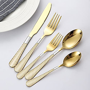 CREATIVE HOBBIES 20-Piece Silverware Set For 5,Checkered Pattern Mirror Finish Smooth Stainless Steel Fork Spoon Set Silverware Flatware Cutlery Set Include Knife/Fork/Spoon,D
