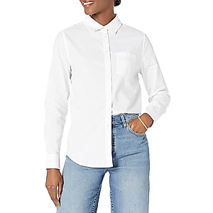 Amazon Essentials Women's Classic-Fit Long-Sleeve Button-Down Poplin Shirt, White, X-Large