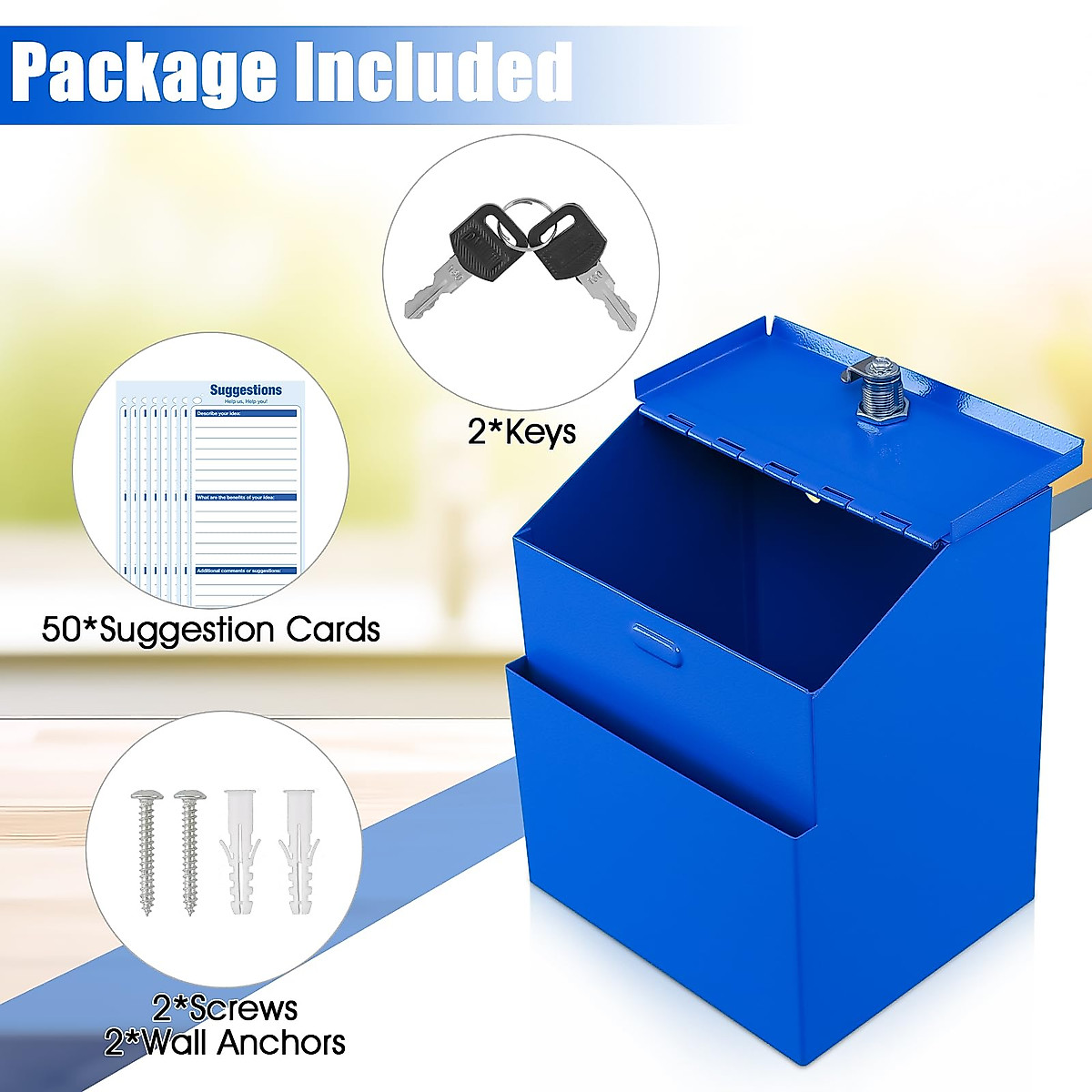 KYODOLED Suggestion Box with Lock and 50 Free Suggestion Cards, Metal Wall Mounted Ballot Box, Donation and Collection Key Drop Box with Slot & 2 Keys, 8.5H x 5.9W x 7.3L Inch, Blue