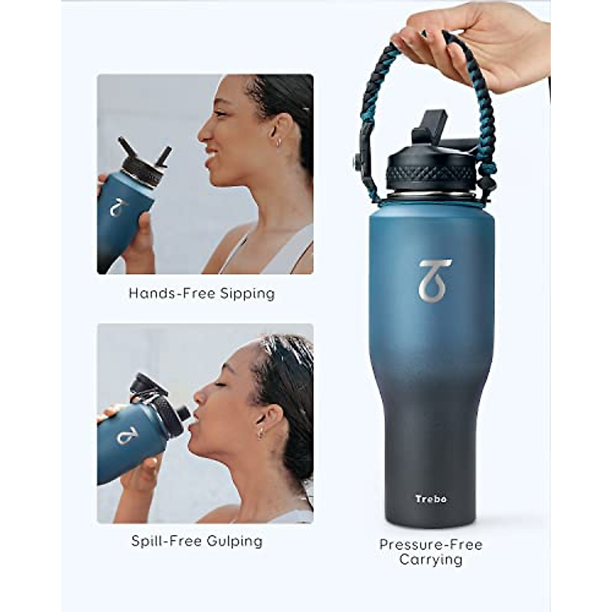 Trebo 40oz Water Bottle Insulated with Lid and Straw,Double Wall Vacuum Stainless Steel Metal Tumbler Flask Fit in Any Car Cup Holder with Paracord Handle,Leakproof Keep Drink Cold & Hot,Indigo/Black