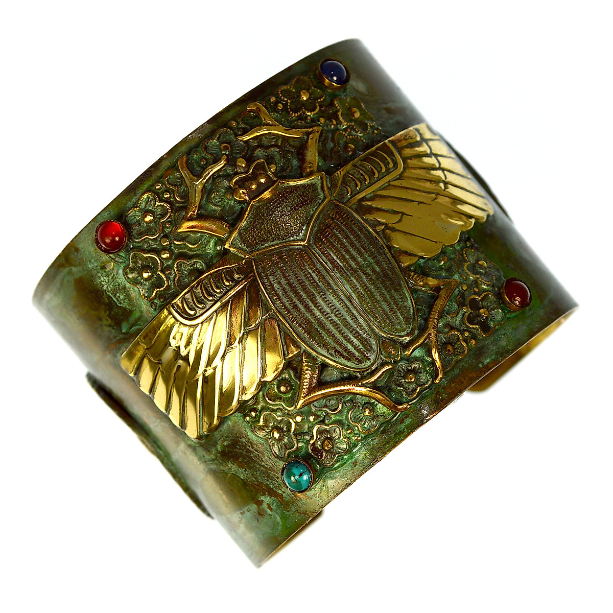 Elaine Coyne Collectible Artwear Patina Brass Egyptian Scarab Motif Wide Cuff Bracelet - Carnelian, Navy Onyx, Turquoise
