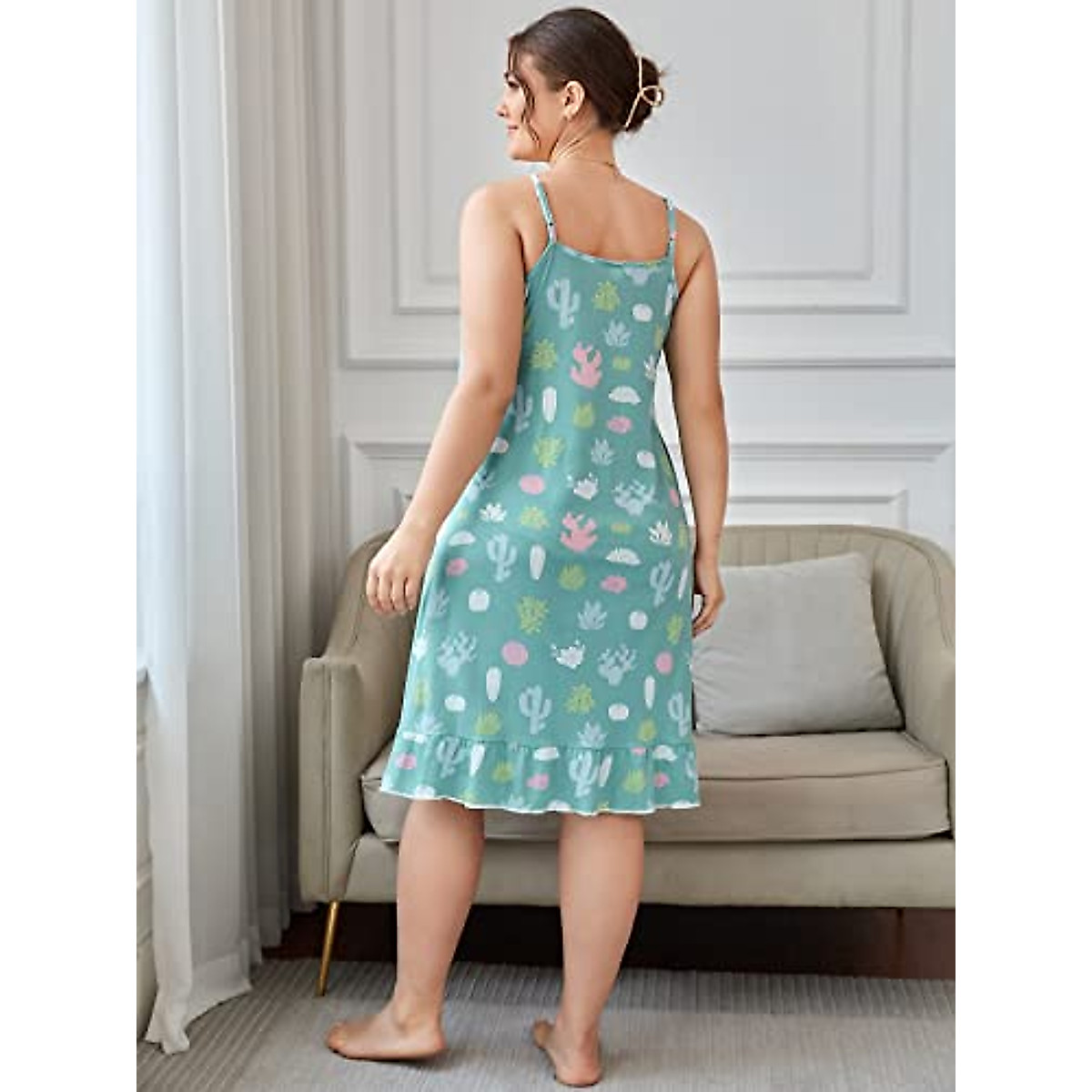Floerns Women's Cute Printed Plus Size Nightgown Ruffle Hem Cami Sleepwear Loungewear Green 5XL