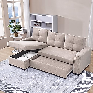 American Furniture Classics Beige Tufted Sectional Chaise Sofa Sleeper with Storage, 92" x 59" x 36"