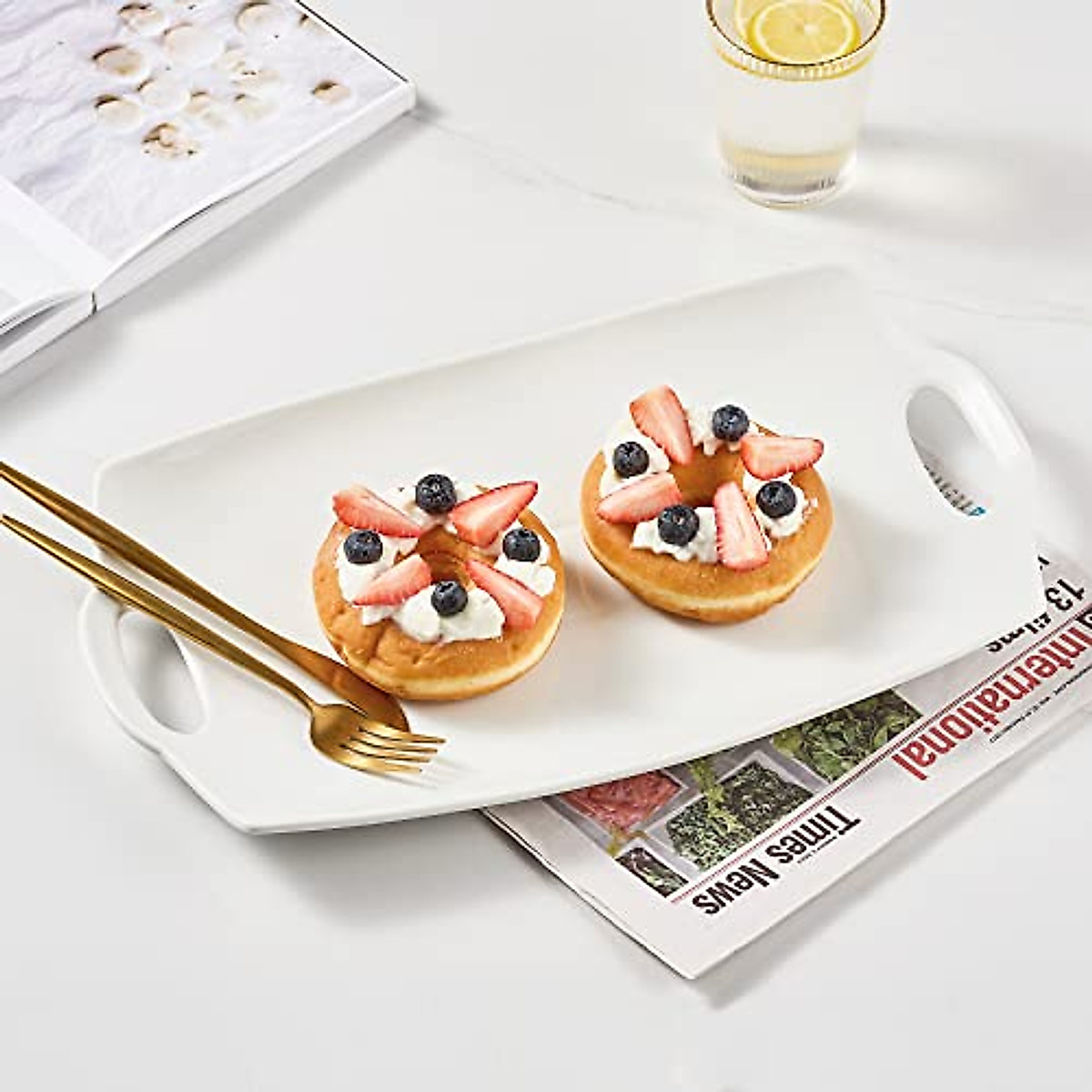 Serving Tray with Handles Large Rectangle Serving Platter for Entertainment, Party, Display, 16 inch Porcelain Platters, Set of 2, White