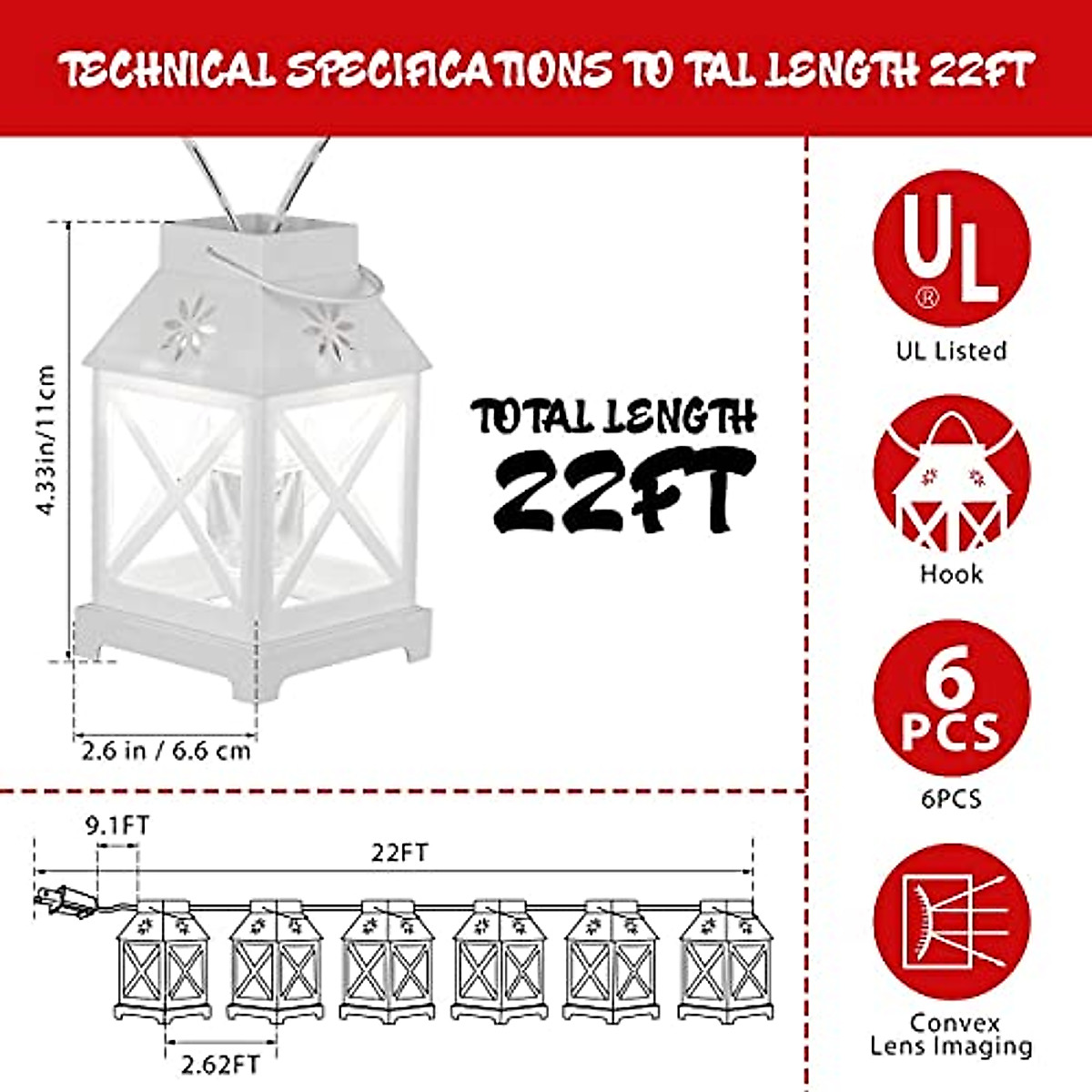 YUNLIGHTS Christmas Projector String Lights - 22.6FT 6PCS Lanterns in One String Lights for Indoor Outdoor Plug-in Christmas Snowflake Projection Lights for Christmas