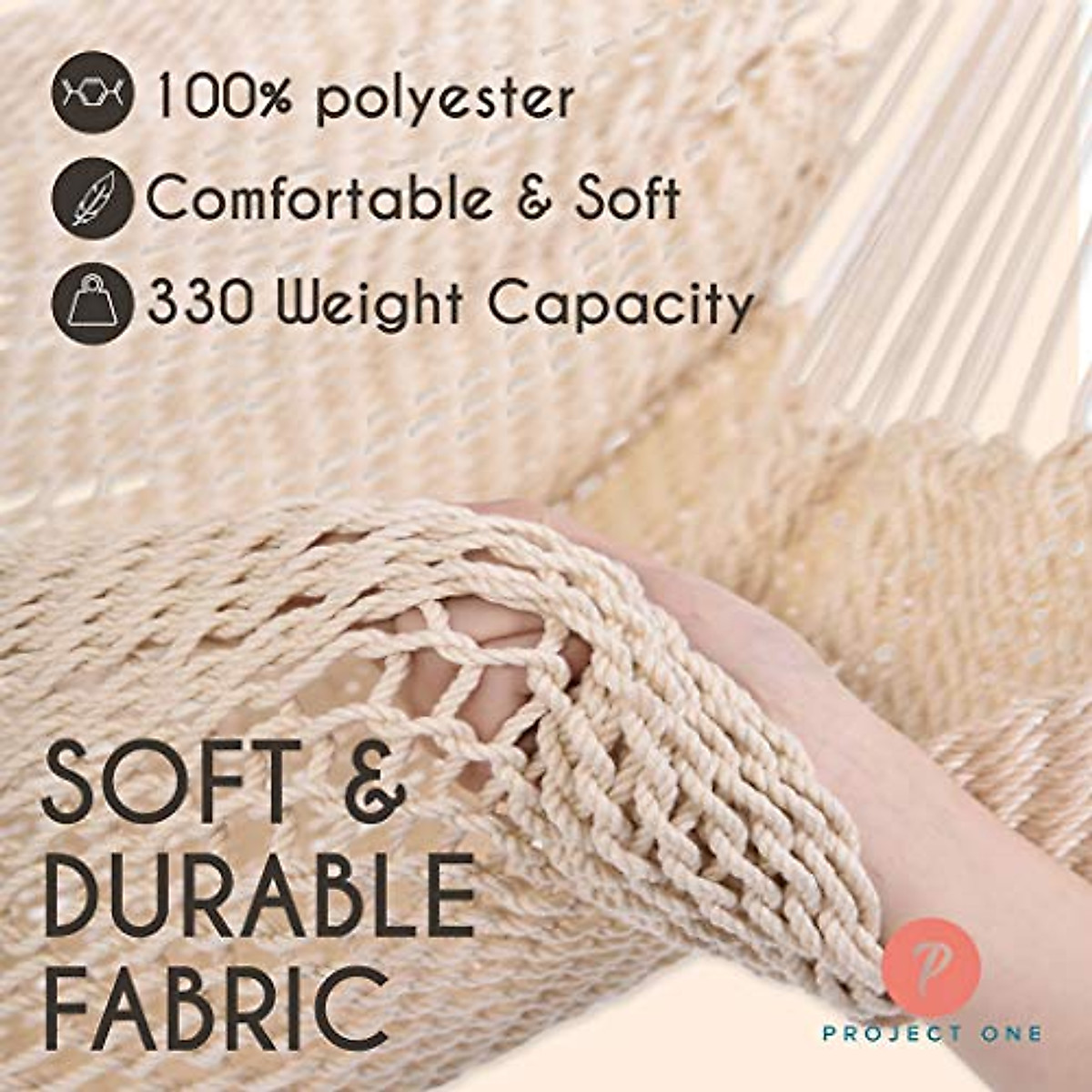 Project One Caribbean Double Hanging Hammock Chair with Soft-Spun Polyester Rope, Max 330 LBS, with Full Hanging Kit Great for Indoor, Outdoor, Home, Patio, Yard, Garden 48 Inch (Cream)