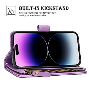 RANYOK Wallet Case for iPhone 14 Pro Max (6.7 inch) with Card Holder, Premium PU Leather with RFID Blocking Zipper Flip Folio Wallet Wrist Strap Magnetic Clasp Kickstand Protective Case-Purple