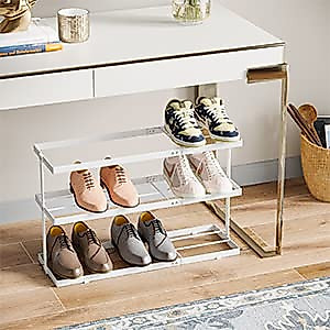 White Metal Shoe Rack for Closets, 3 Tiers Space Saving Shoe Shelf for 6 Pairs, Modern Free Standing Shoe Stand
