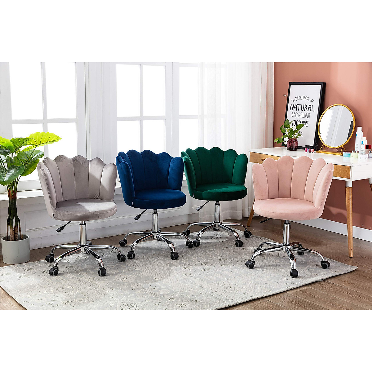 Yoluckea Modern Velvet Swivel Office Chair, Pink, Adjustable Height, Ergonomic Design