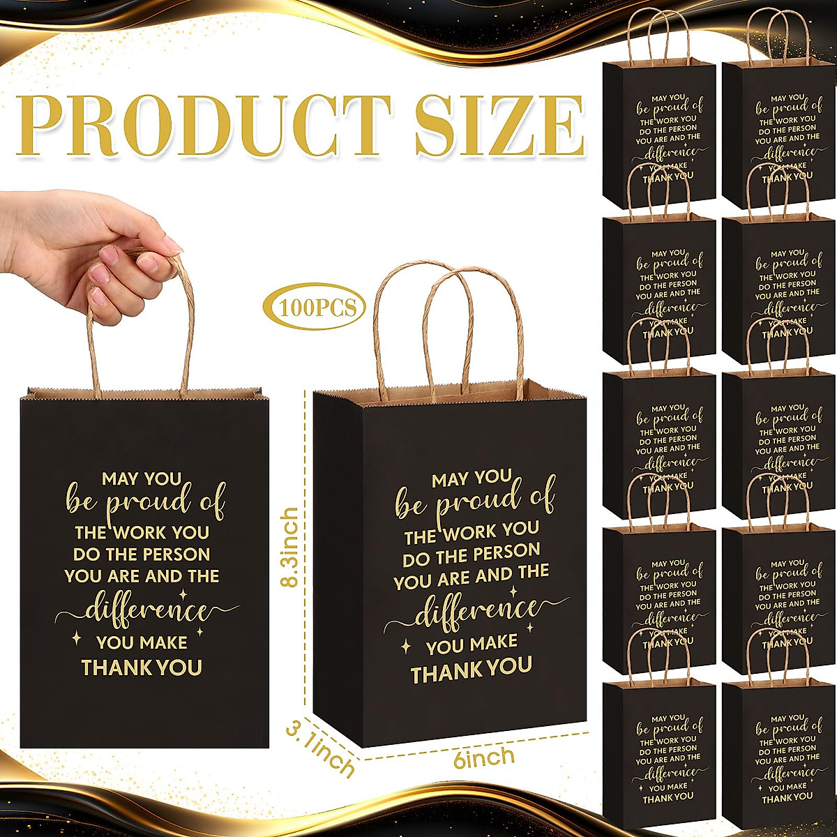 ReliThick 100 Pcs Employee Appreciation Gifts Bags Christmas Thank You Gifts Bags for Coworkers with Handles Team Inspirational Gift Bags May You Be Proud Paper Bags for Teacher Staff Nurse(Black)