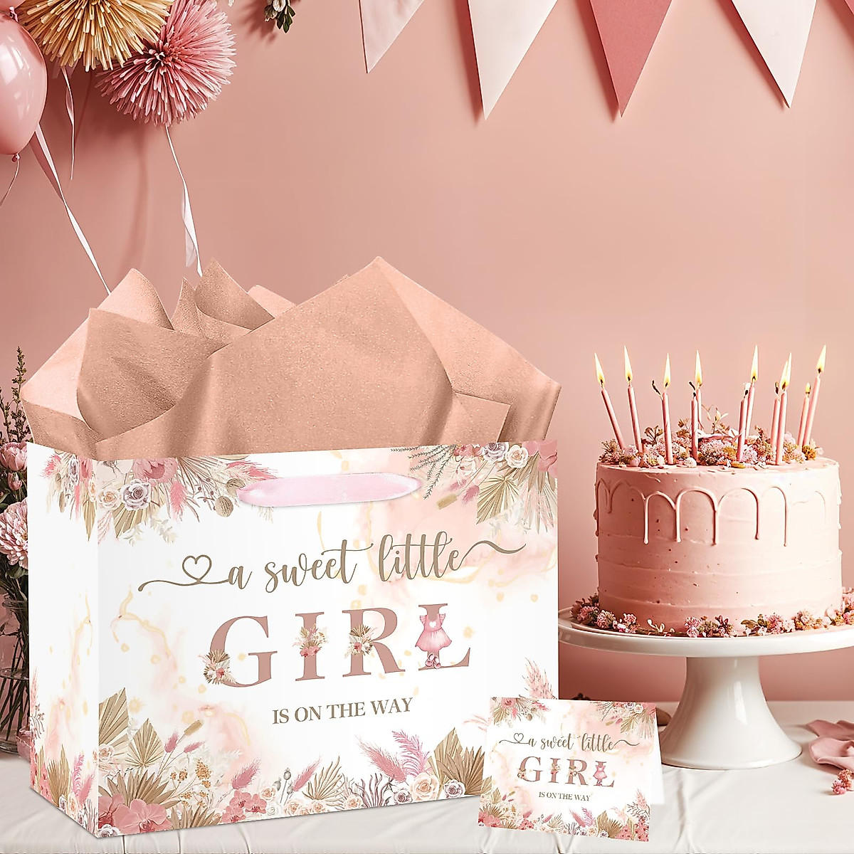 Baby Shower Paper Bag, Pink Floral Sweet Baby Girl Gift Bag with Tissue Paper and Card Boho Dried Flowers Wrap Bag with Handle for Baby Shower Birthday Gender Reveal Party Favors Decorations Supplies