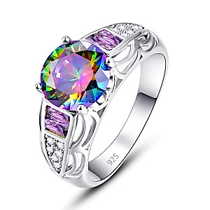 Narica Women's 925 Sterling Silver Filled Round Cut Rainbow Topaz Rings Band for Mom Size 9