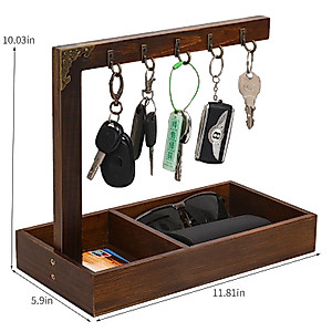 QingNian Wooden entryway Key Holder countertop Key Holder, Antique Decorative Organizer with Storage Tray and Five Bronze Hooks, Necklace Ring Jewelry Key Holder Hanging Organizer…