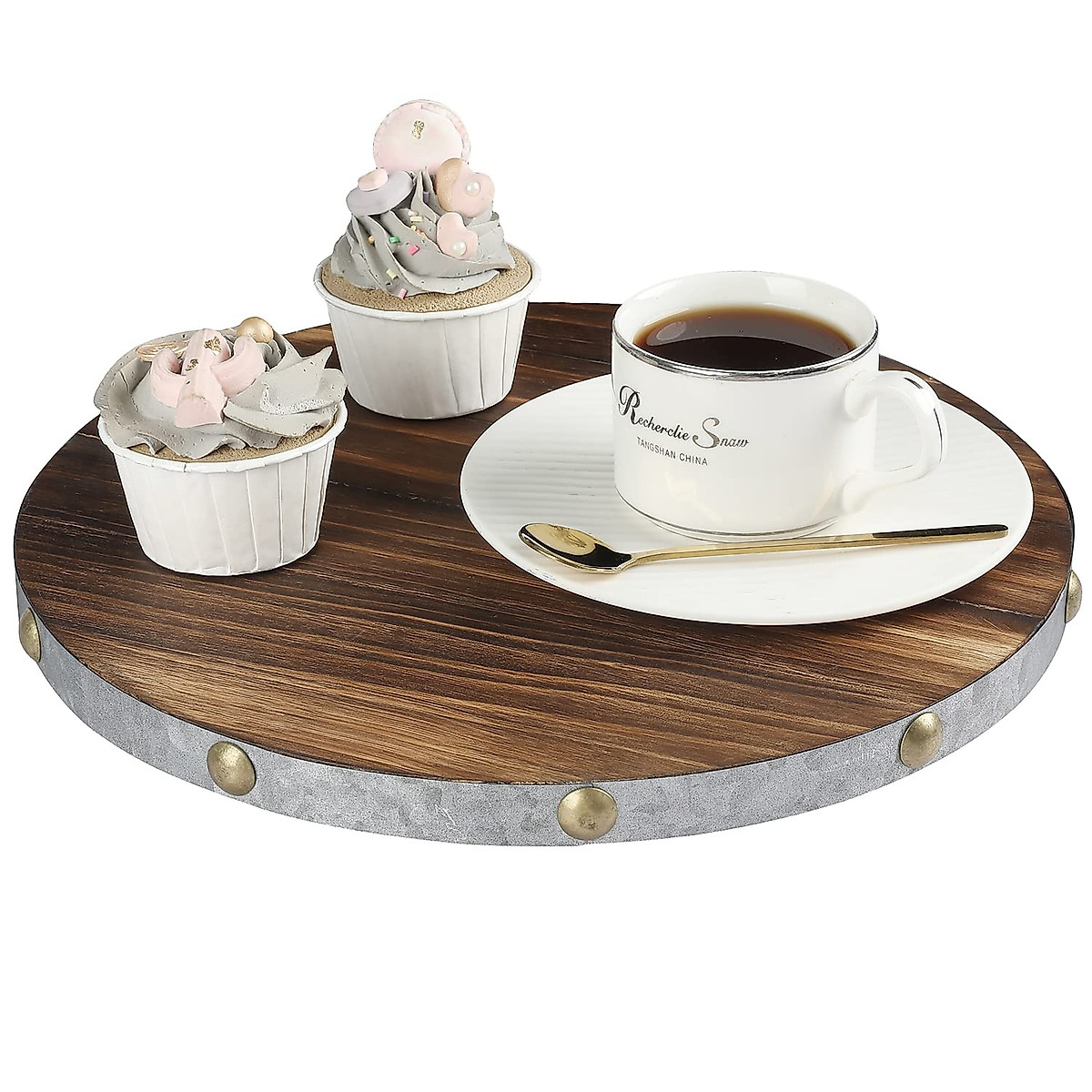 MyGift Round Rotating Serving Tray, Rustic Burnt Solid Wood and Galvanized Metal Lazy Susan Turntable with Brass Tone Studs