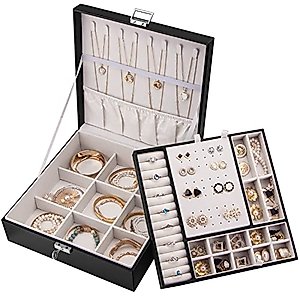 Jewelry Box for Women, 2 Layers Jewelry Organizer with Lock, Large Jewelry Boxes Jewelry Case for Storing Earrings Rings Necklaces Bracelets PU Leather & Soft Velvet Lined, Girls Wife Ideal Gift