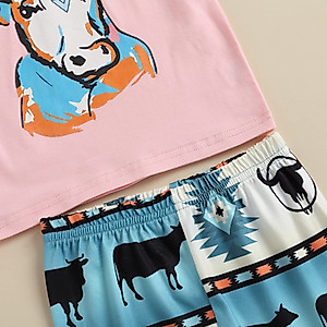 Bmnmsl Baby Toddler Girl Clothes Summer 2T 3T 4T 5T Outfits Short Sleeve Top & Flared Pants Sets Kids Cattle Tiger Pattern (Cows-Pink, 2-3T)