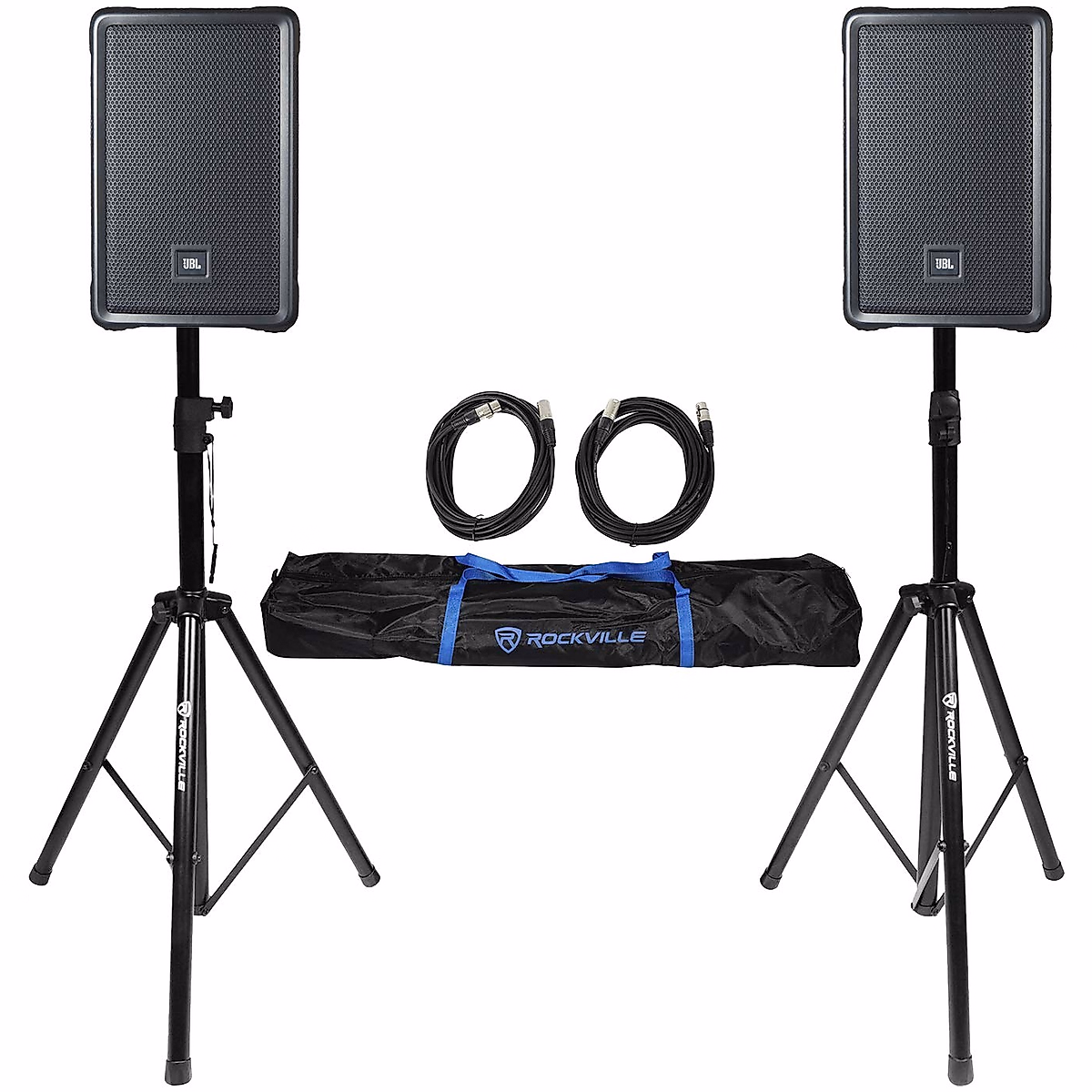 JBL IRX112BT 12" 1300 Watt Powered Active DJ Portable PA Speaker w/Bluetooth Bundle with Pair of Rockville Adjustable Tripod Speaker/Light Stands with (2) 20 Foot XLR Cables
