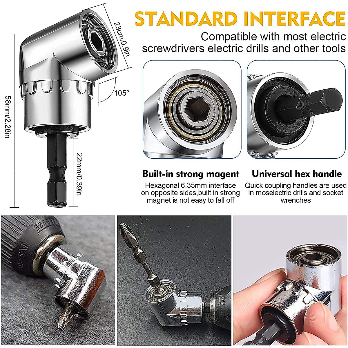 Flexible Drill Bit Extension Set, 105° Right Angle Drill Attachment, 1/4 3/8 1/2" Hex Shank Impact Driver Socket Adapter Rotatable Socket, Bendable Drill Bit Extension and Screwdriver Bit Kit