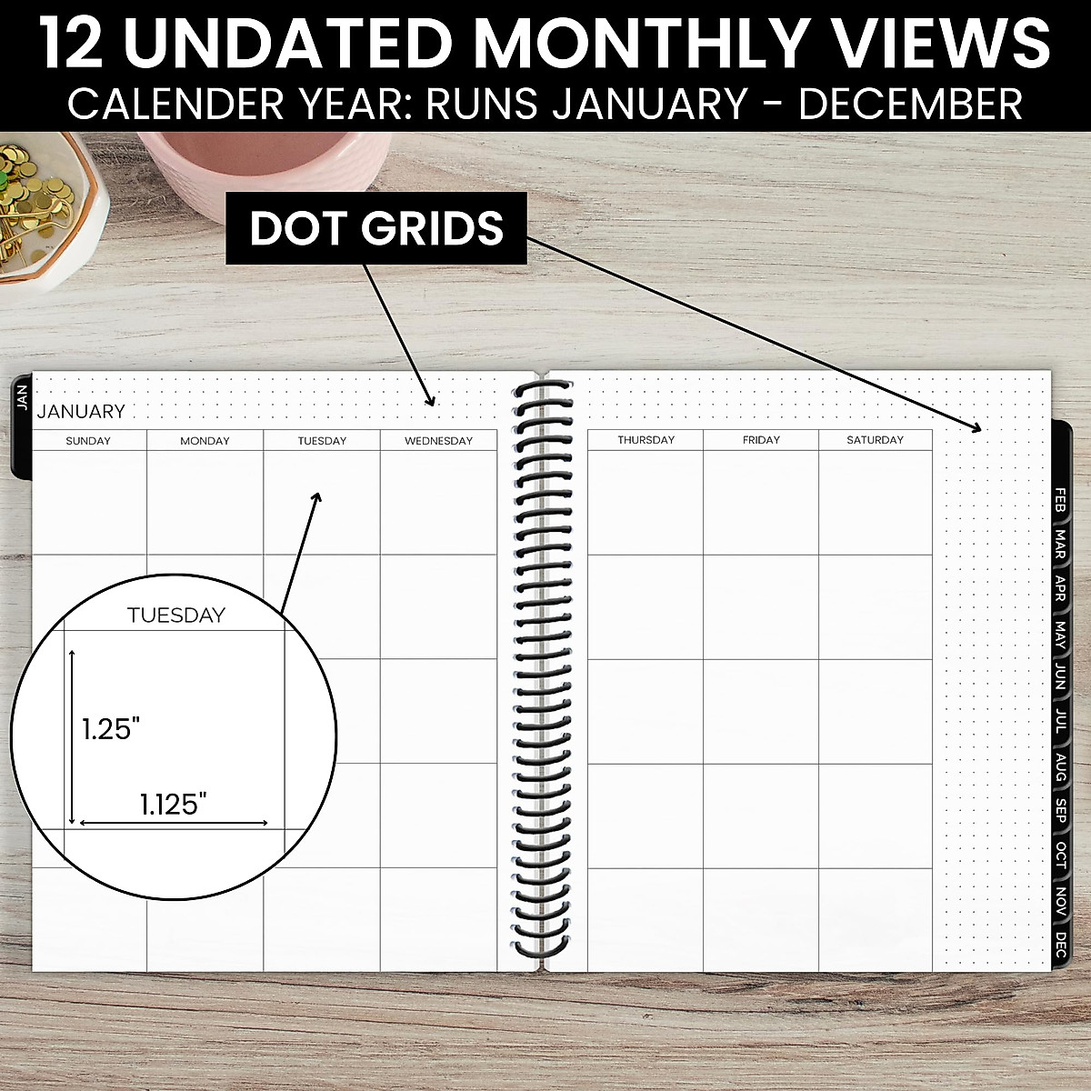 bloom daily planners Undated Dot Journaling Calendar Planner - Essential Weekly/Monthly Grid Style Agenda Book (7" x 9") - V2