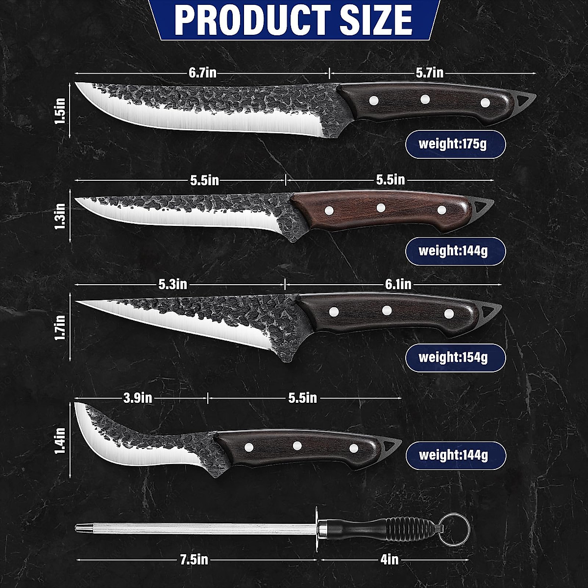 TAN REN Boning Knife Set, 6PCS Butcher Knife Set for Meat Cutting, Hand Forged Skinning Set with Sharpening Rod, High Carbon Steel Meat Trimming Knife for Kitchen & Outdoor, Christmas Gift for Men