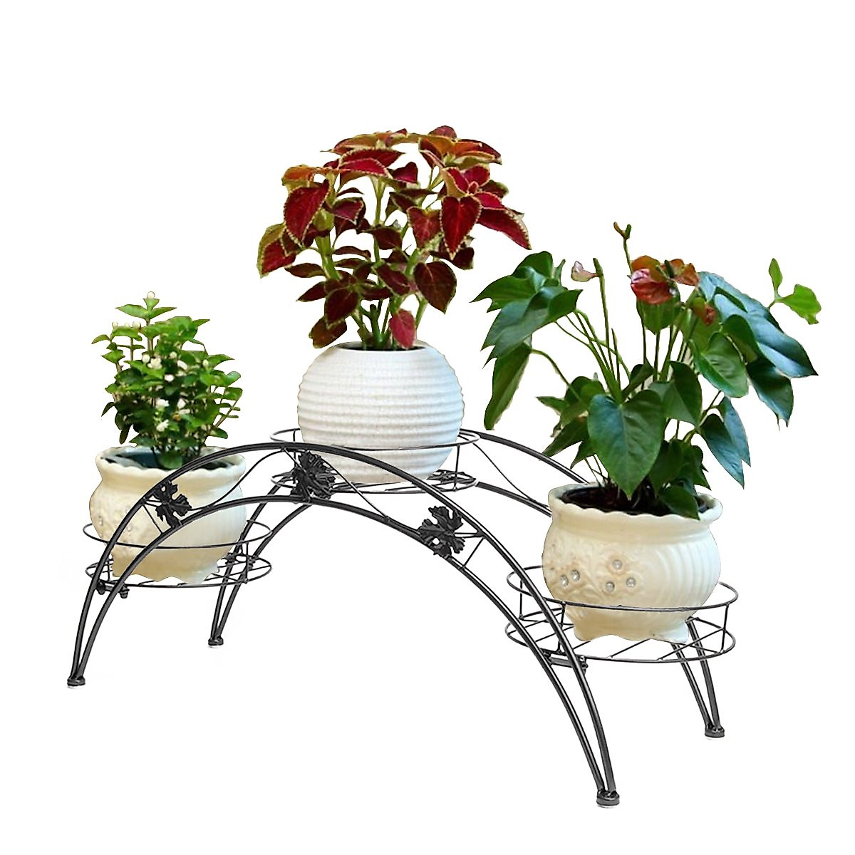 DAZONE Arch Metal Potted Plant Stand with 3 Holders Potted Plant Rack Organizer (Black)