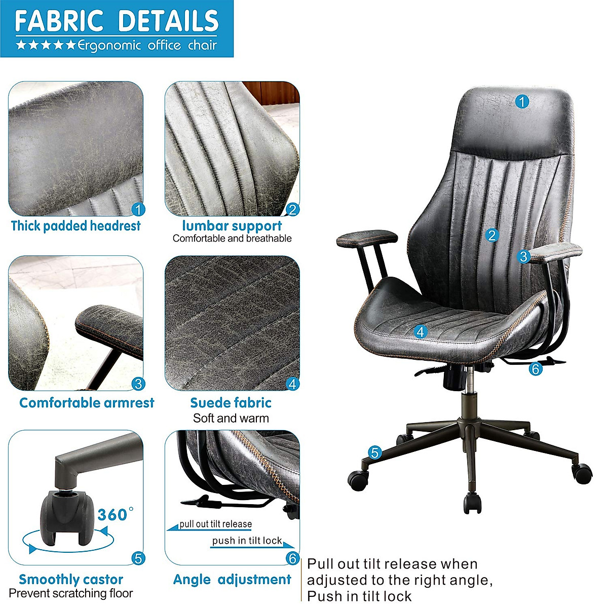 XIZZI Ergonomic Chair, Modern Computer Desk Chair,high Back Leathe Office Chair with Lumbar Support for Executive or Home Office (Gray-Black)