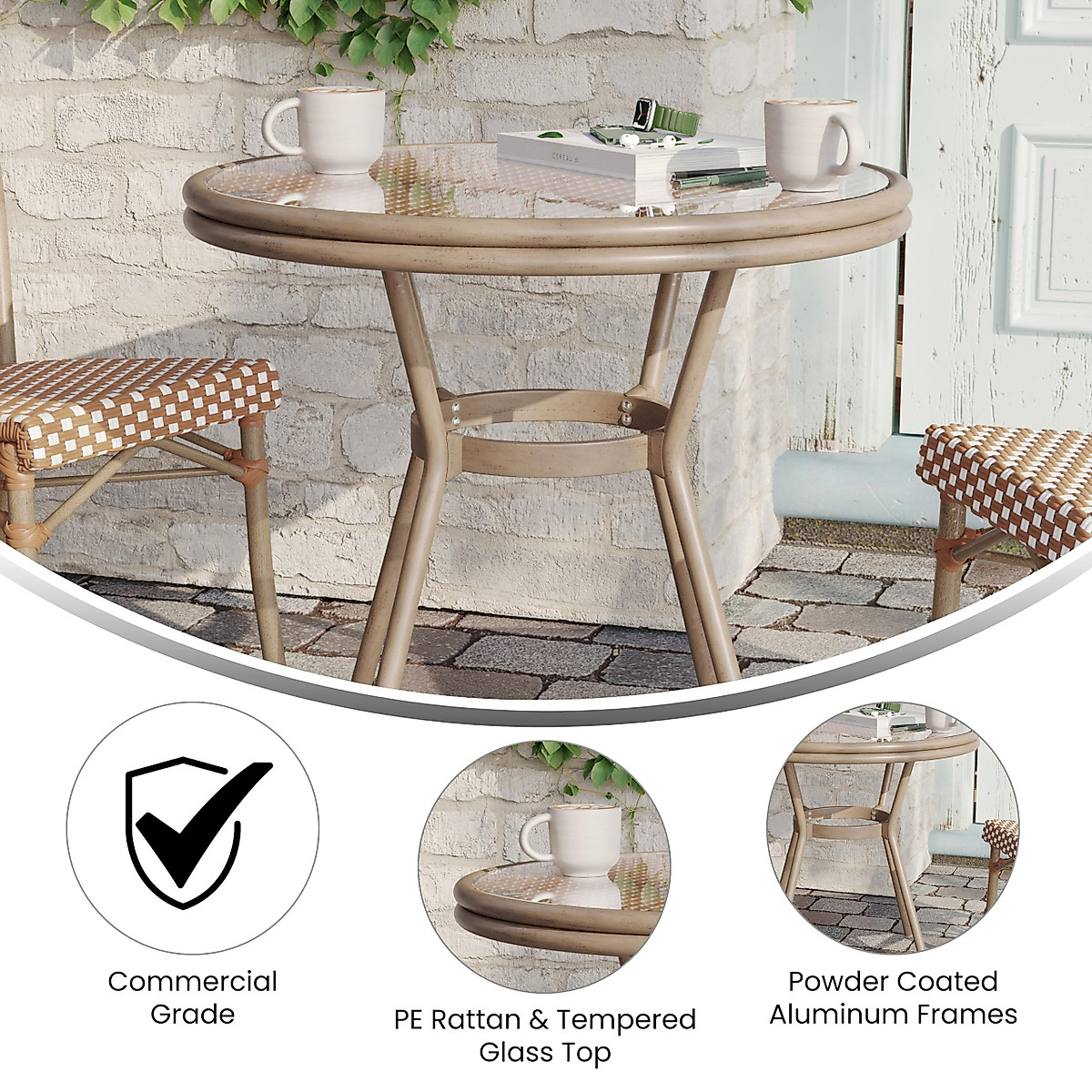 Flash Furniture Lourdes Indoor/Outdoor Commercial Bistro Table - Tempered Glass Top - PE Rattan - Lt NAT Bamboo Print Aluminum Frame - 31.5" - NAT/White