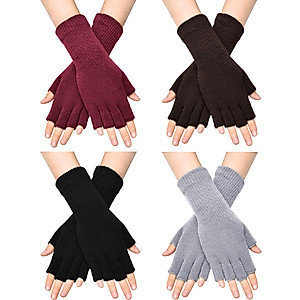 SATINIOR Fingerless Gloves for Women Half Finger Typing Gloves with Long Wrist Cuff Winter Knit Fingerless Mittens for Women (Black, Red, Light Grey, Coffee, 4 Pairs)
