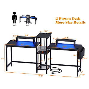 Furologee 2 Person Gaming Desk with LED Lights, 71 Inch Computer Desk with Power Outlets and Monitor Stand, Double Desk with Storage Bag and Headphone Hooks, Study Writing Table for Home Office, Black