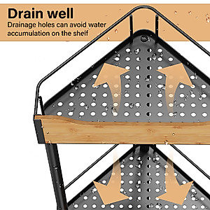 Thideewiz Corner Shower Caddy Standing, 3 Tier Shower Organizer, Wood Bathroom Stand Up Caddy Basket for Shampoo,with Adjustable Feet & 4 Hooks,Standing Tall Floor Shower Shelf and Bathroom Organizer