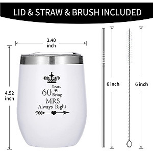 HLIKEM Pack Of 2 Wine Tumbler 60 Years Mr Right Mrs Always Right 60th Wedding Engagement Anniversary Cups for Couple Parents Stainless Steel Wine Glass with Straws and Brush